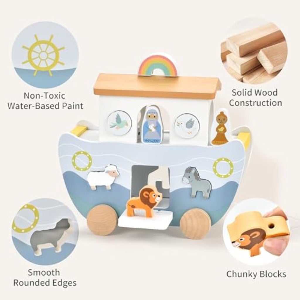 Wooden Noah'S Ark Pull Along Toy With Bible Story Cloth Book ...