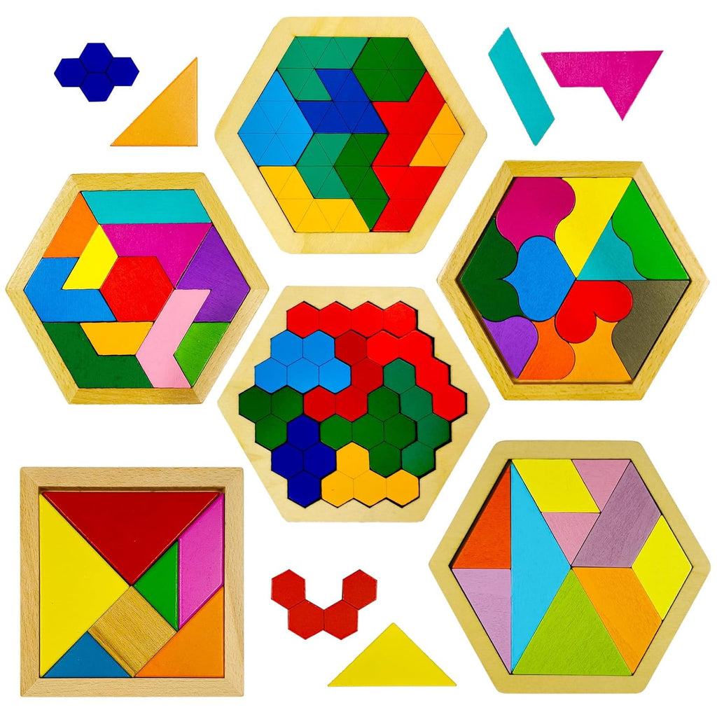 6 Pcs Wooden Tangrams Puzzles For Kids, Wooden Hexagon Toddlers Puzzle ...