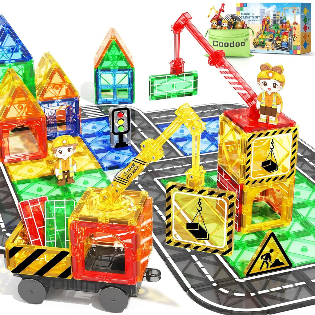 Kids Games Magnetic Tiles With 2 Cranes Construction Toys Set Sensory ...