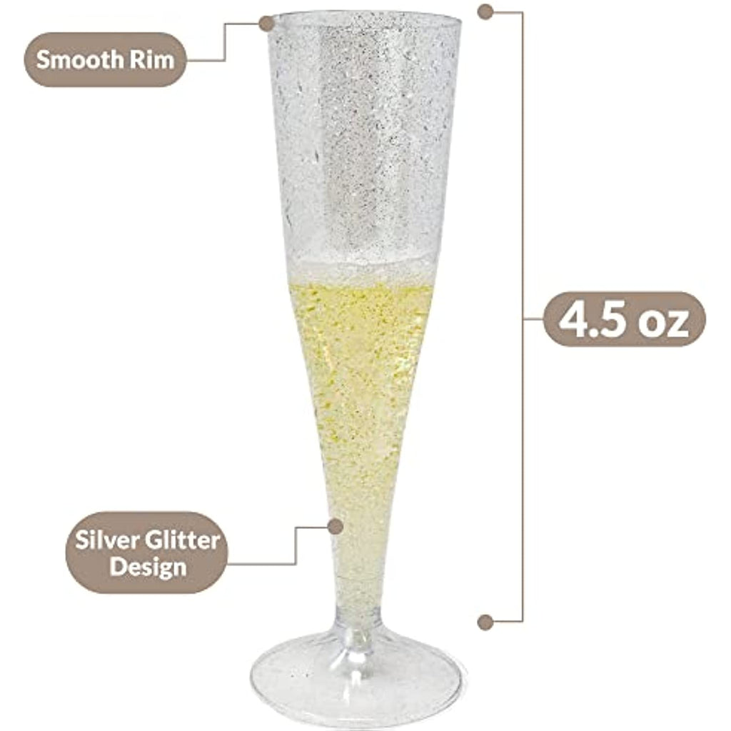 100 Bulk Pack Silver Glitter Plastic Champagne Flutes 4.5 Oz ...